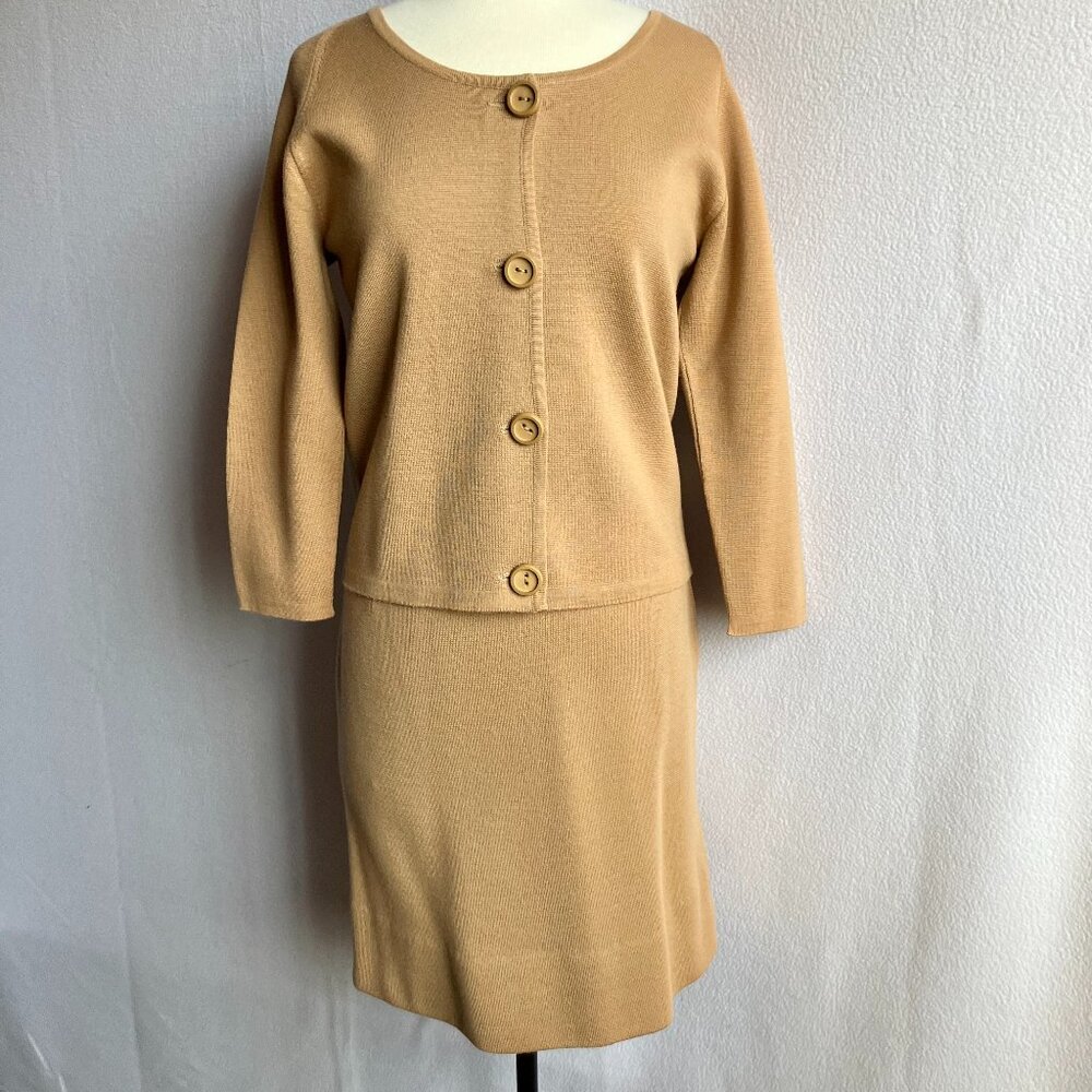 1960s Tan Wool Knit Boxy Jacket Slim Skirt Suit - Gem